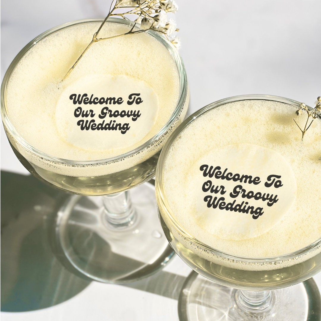 50 Personalized Edible Drink Toppers Funky Groovy Font | Custom Wafer ...