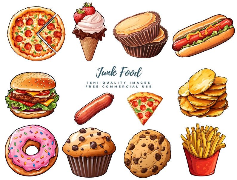 Watercolor Junk Food Clipart - Pizza Design - Cupcake Clipart ...