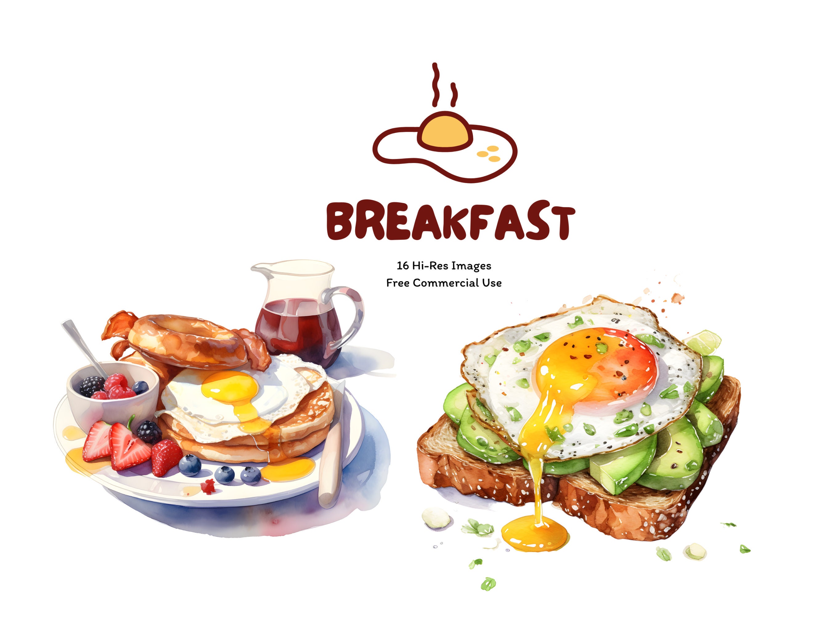 Watercolor Breakfast Clipart, Brunch Clipart, Waffle Art, Breakfast ...