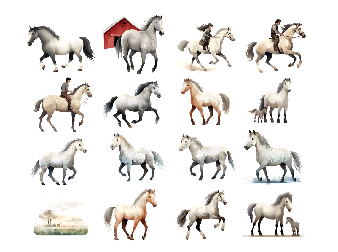 Watercolor Horses Clipart, Farm Animals Clipart, Running Horses ...