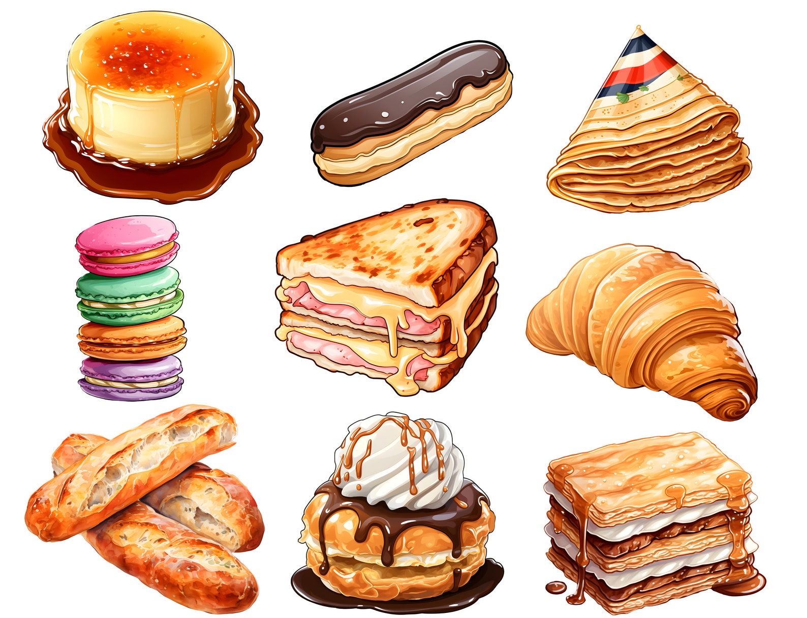 Crepe Clipart, Patisserie Clipart, French Pastries, Watercolor Bread ...