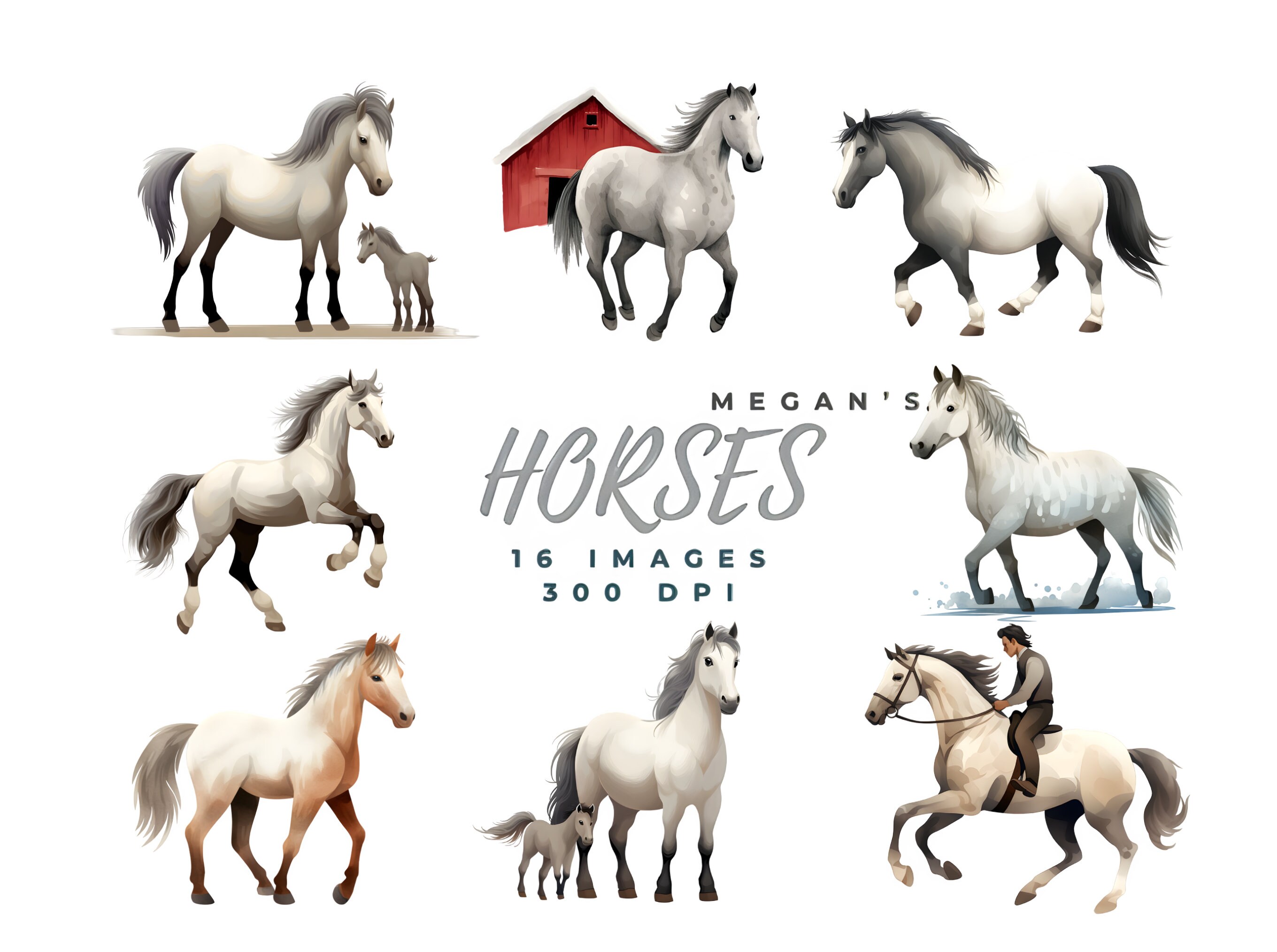 Watercolor Horses Clipart, Farm Animals Clipart, Running Horses ...