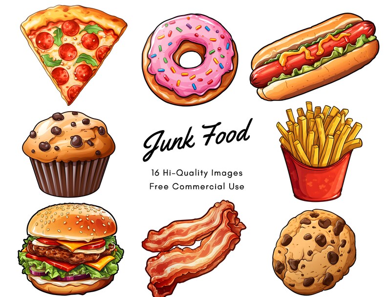 Watercolor Junk Food Clipart - Pizza Design - Cupcake Clipart ...
