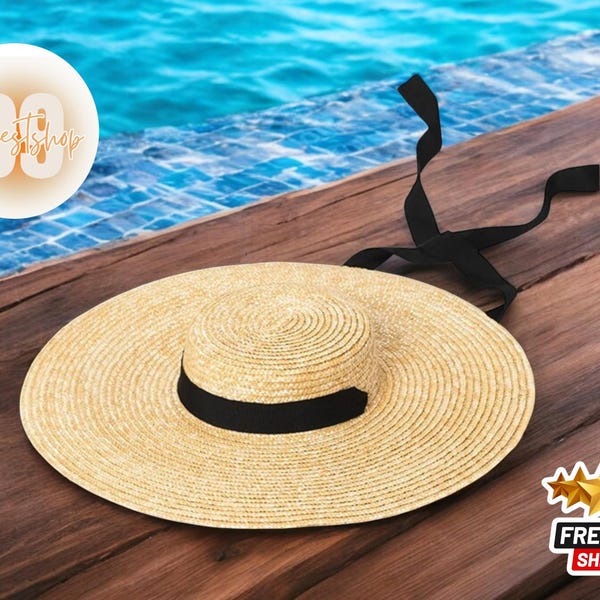 Flat Brim Straw Hat - Etsy