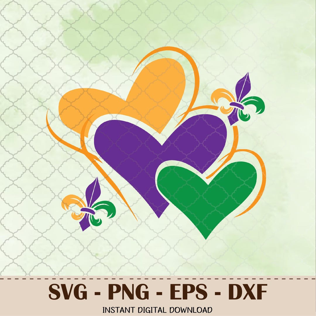 Mardi Gras Hearts Cute Svg, Corlordul Heart, Green Purple and Yellow ...