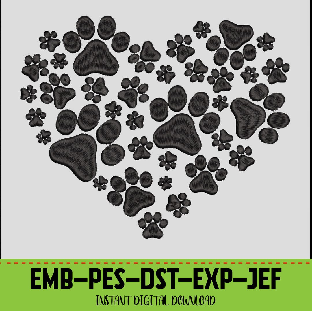Paw Prints Heart Machine Embroidery Design, Dog Lover Paw Shape PES ...