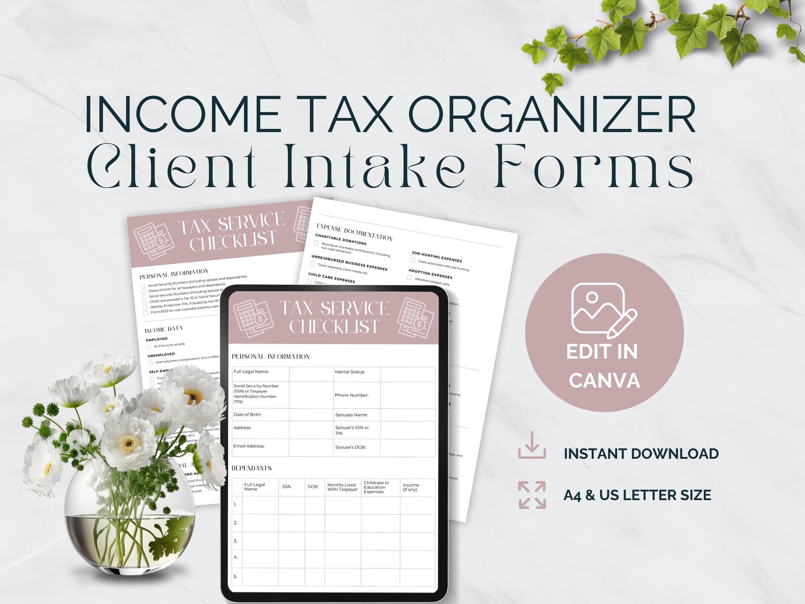 Tax Return Checklist, Tax Prep Organizer, Tax Deductions Guide, Tax ...