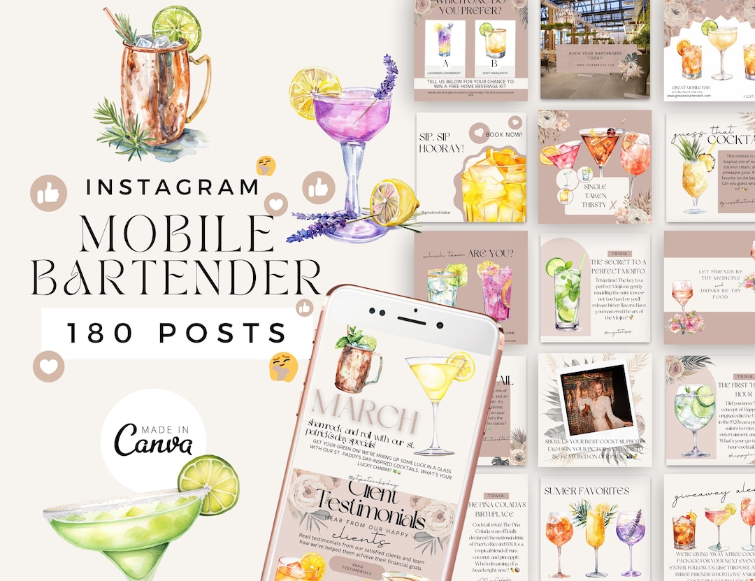 Mobile Bar Instagram Templates, Bartender Social Media Posts, Canva ...
