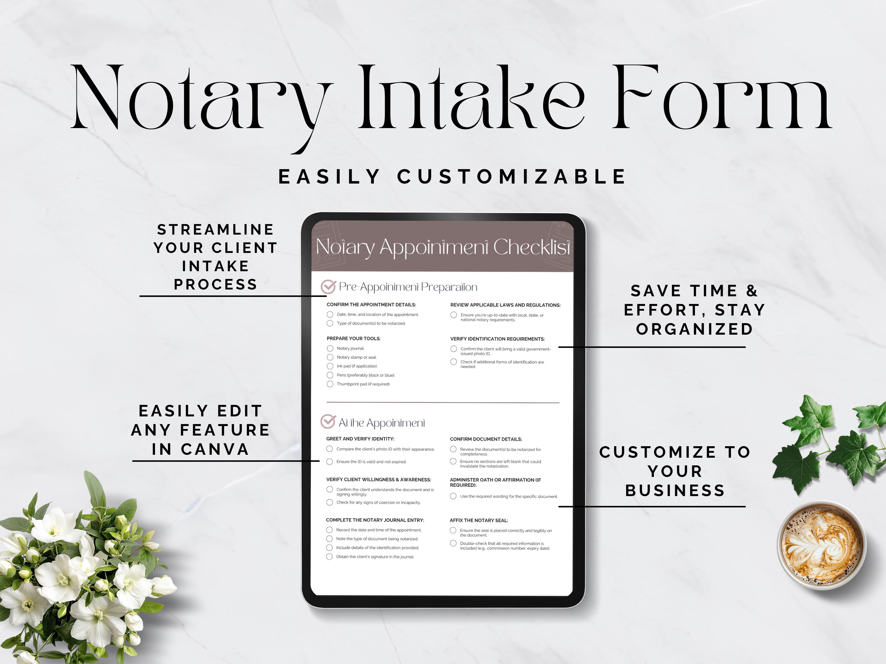 Notary Appointment Checklist, Mobile Notary Forms, Client Intake ...