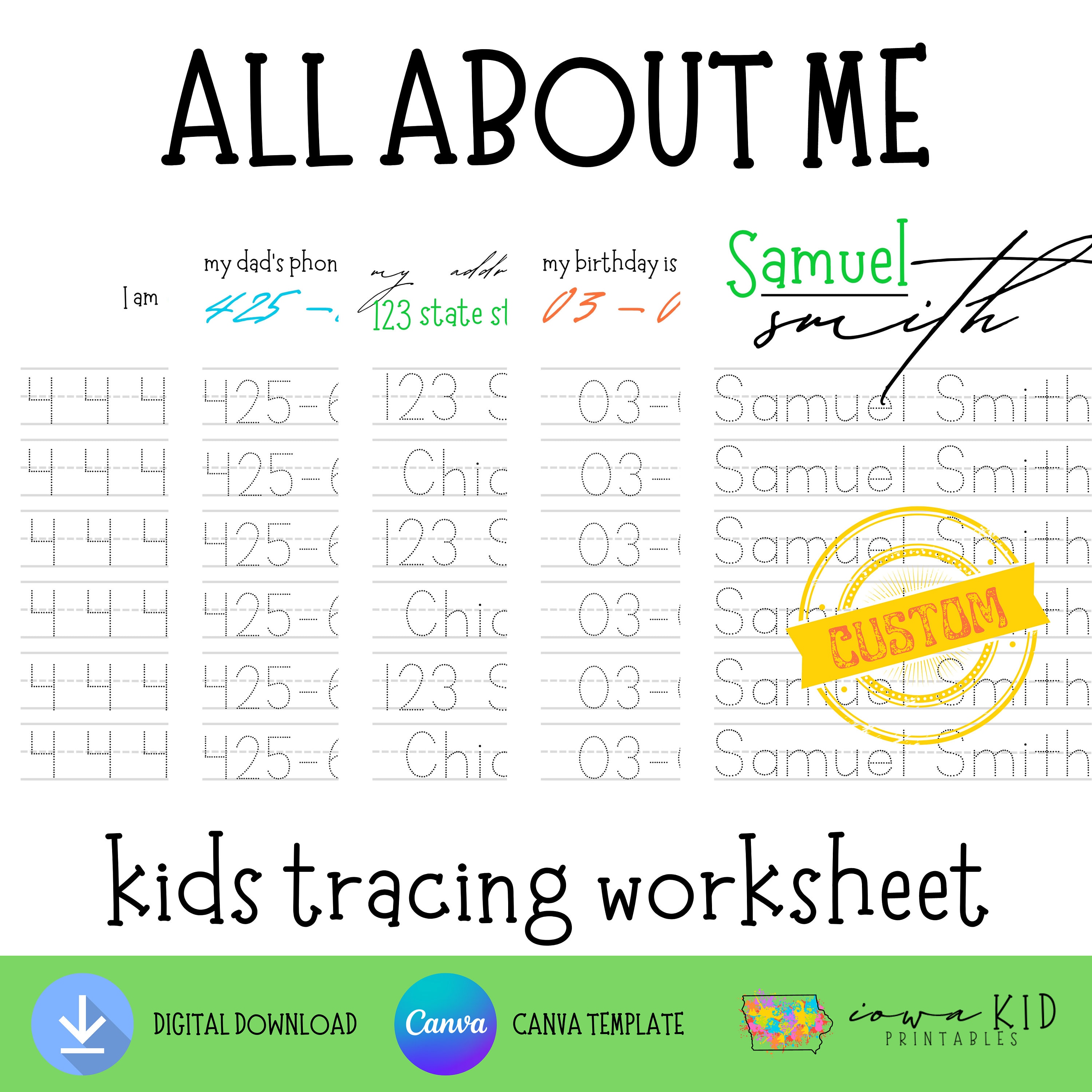All About Me Tracing Kid Worksheets-print at Home-customize-learn to ...