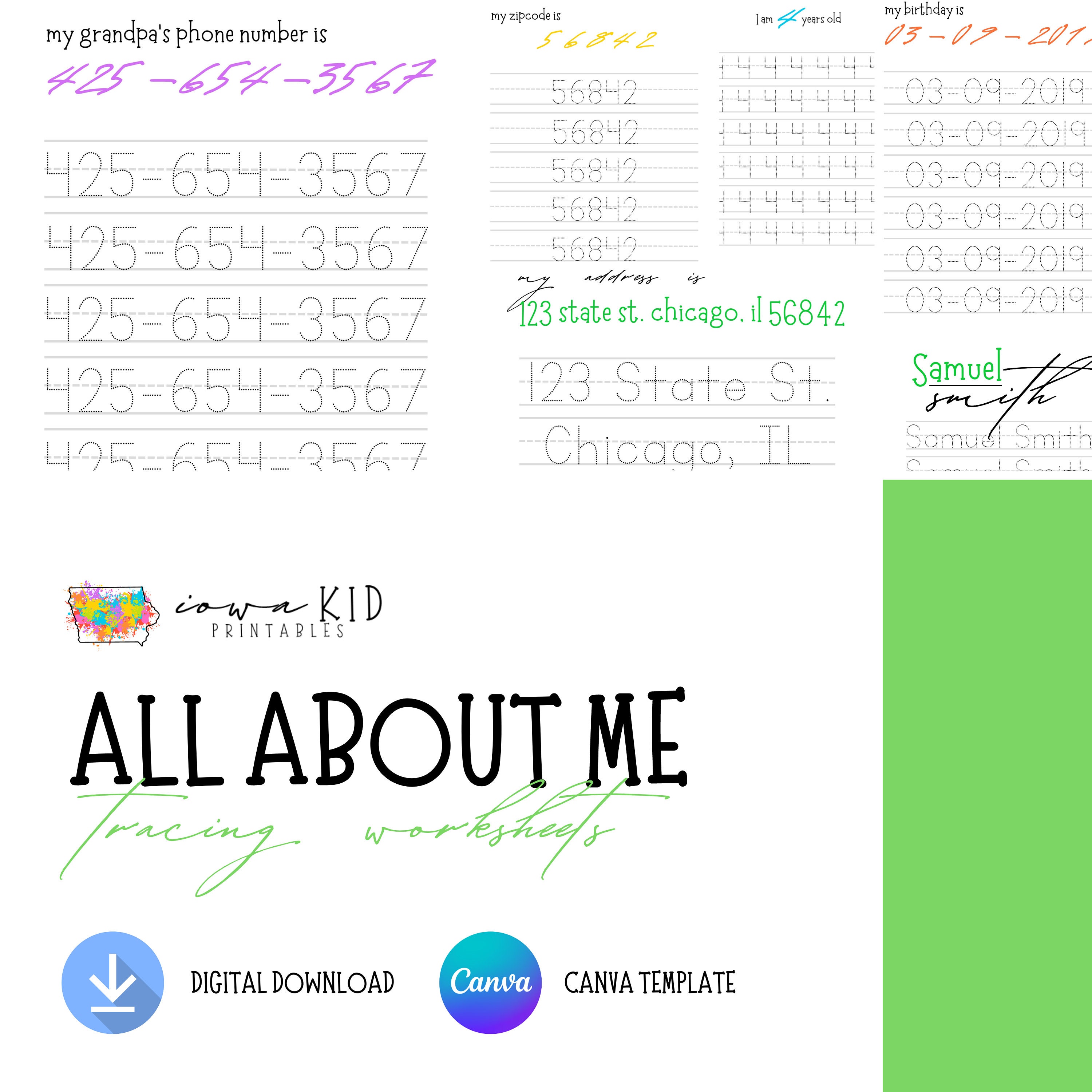 All About Me Tracing Kid Worksheets-print at Home-customize-learn to ...