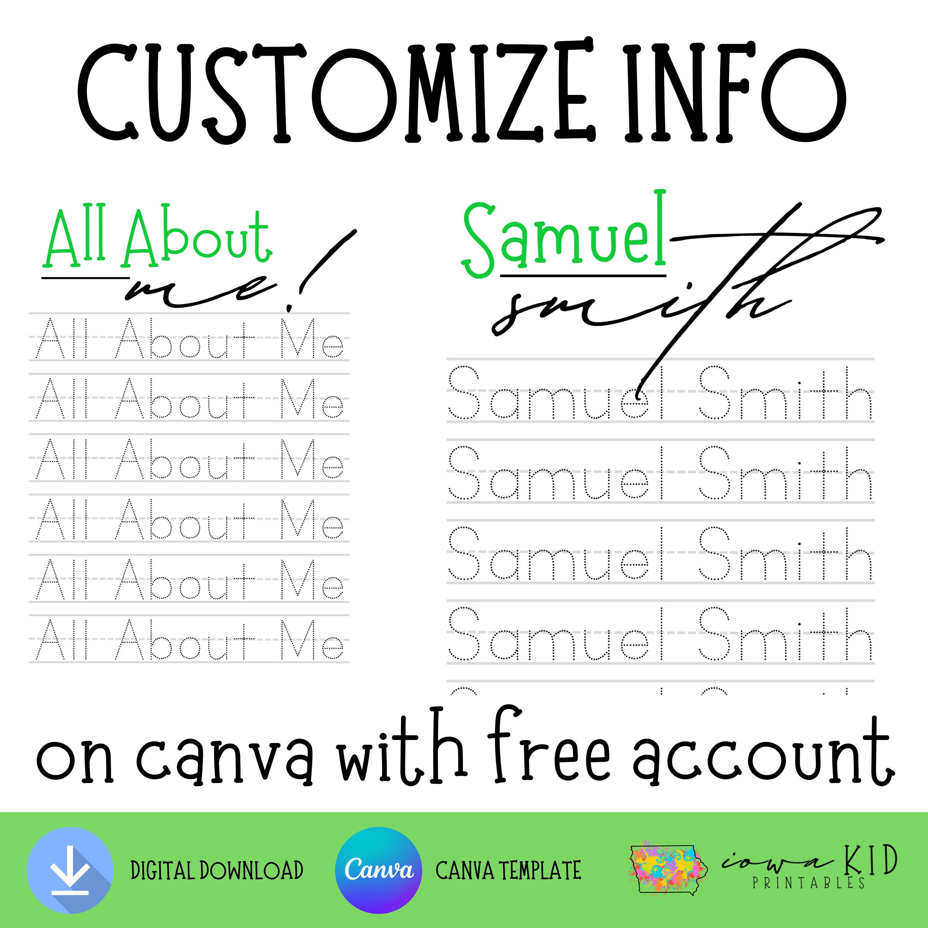 All About Me Tracing Kid Worksheets-print at Home-customize-learn to ...