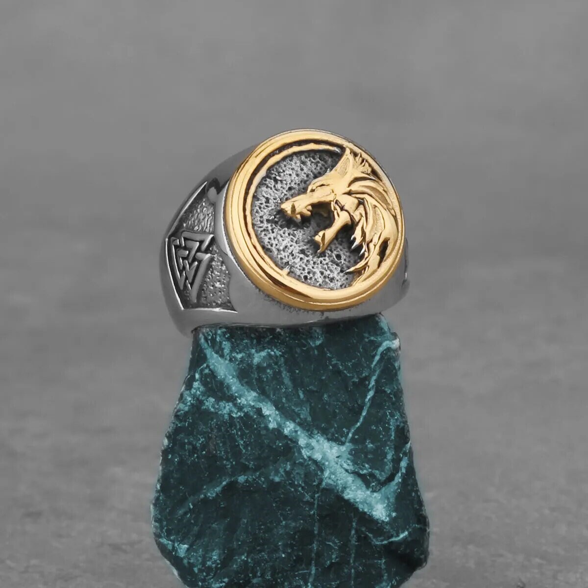 Round Fenrir Ring With Valknut Symbols Viking Wolf Ring Mens Statement ...