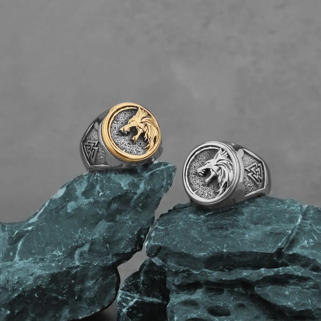 Round Fenrir Ring With Valknut Symbols Viking Wolf Ring Mens Statement ...