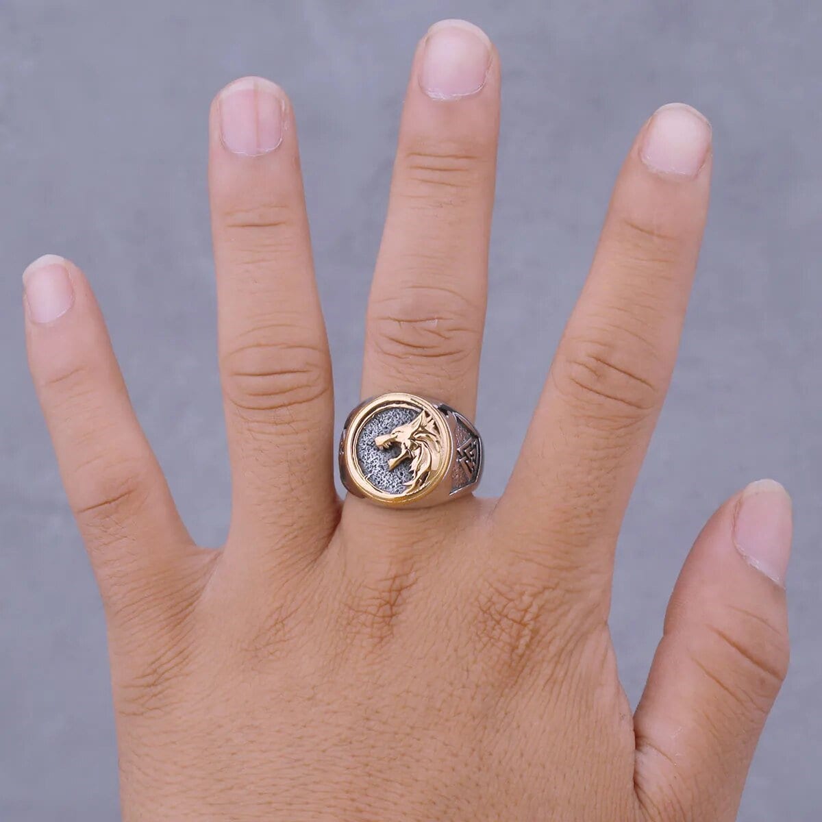 Round Fenrir Ring With Valknut Symbols Viking Wolf Ring Mens Statement ...