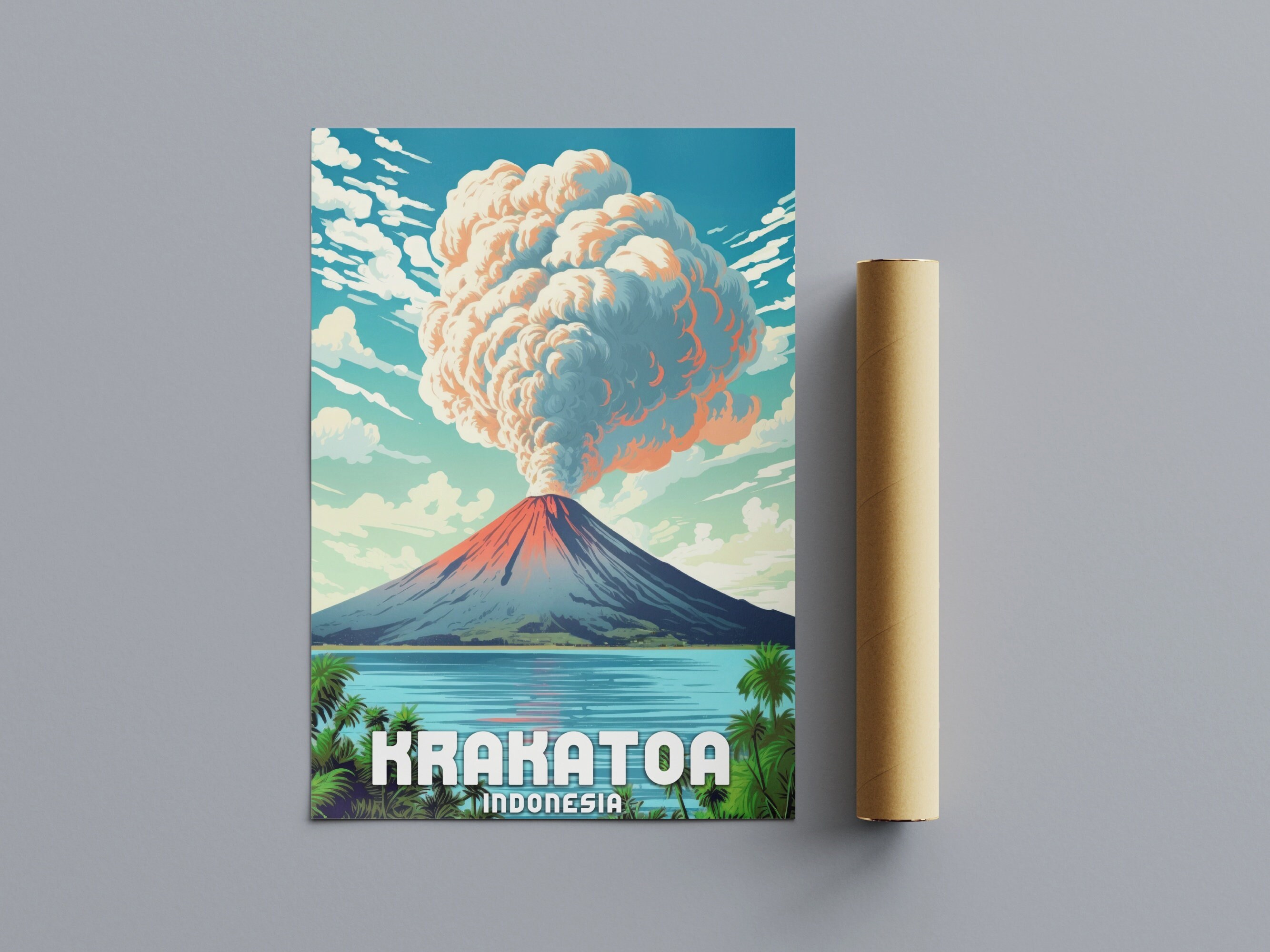 Krakatoa Volcano Travel Poster Wall Art Krakatoa Print for Wall Decor ...