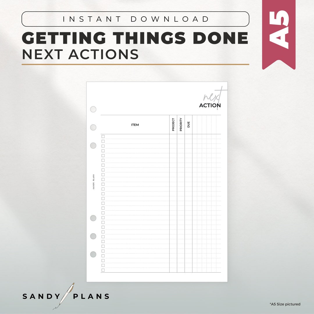 GTD Next Actions | A5 | PRINTABLE Planner Insert | Productivity ...