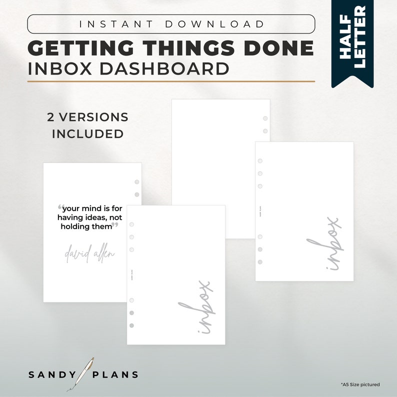GTD Inbox Dashboard HALF LETTER Printable Planner Insert Productivity ...