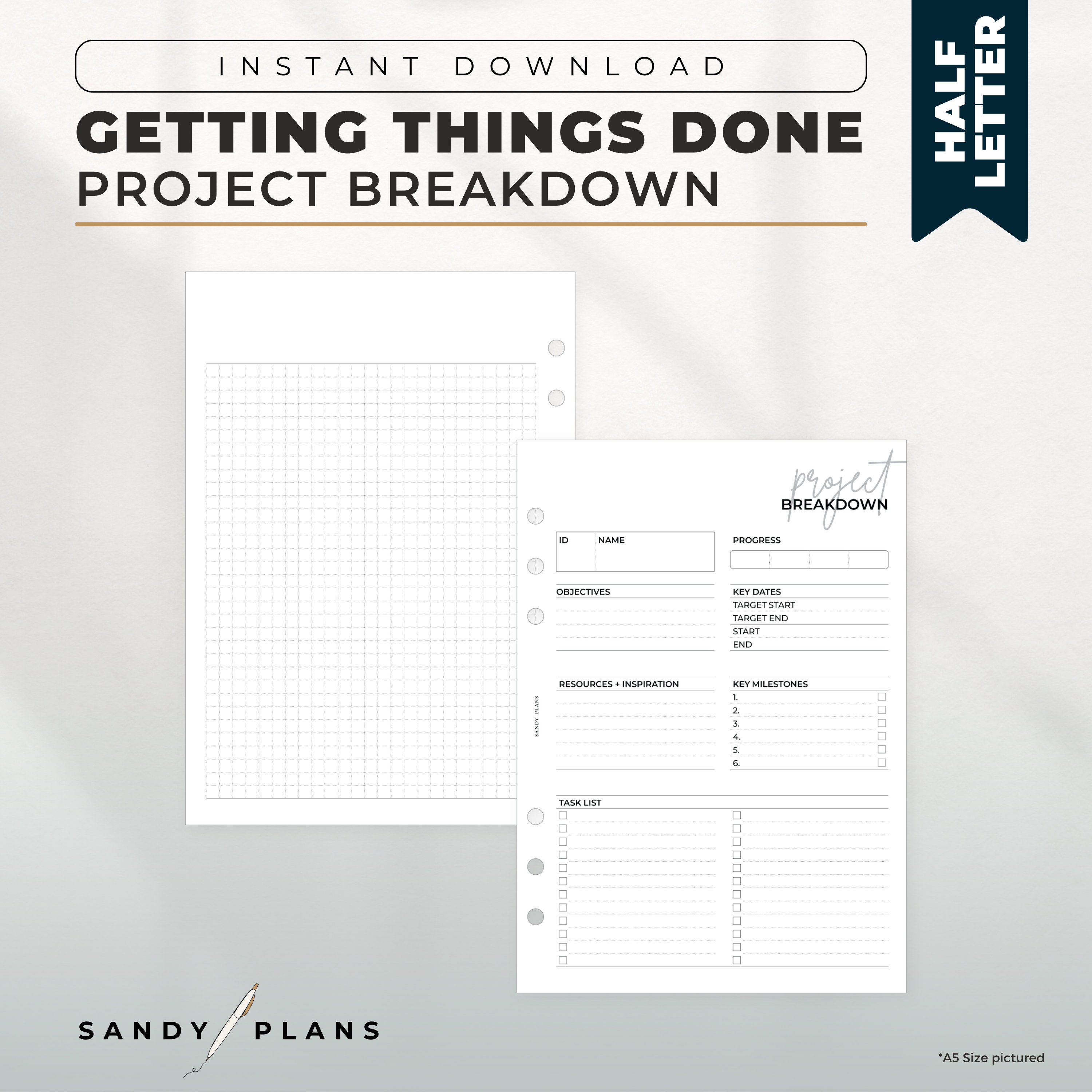GTD Project Breakdown | HALF LETTER | Printable Planner Insert ...