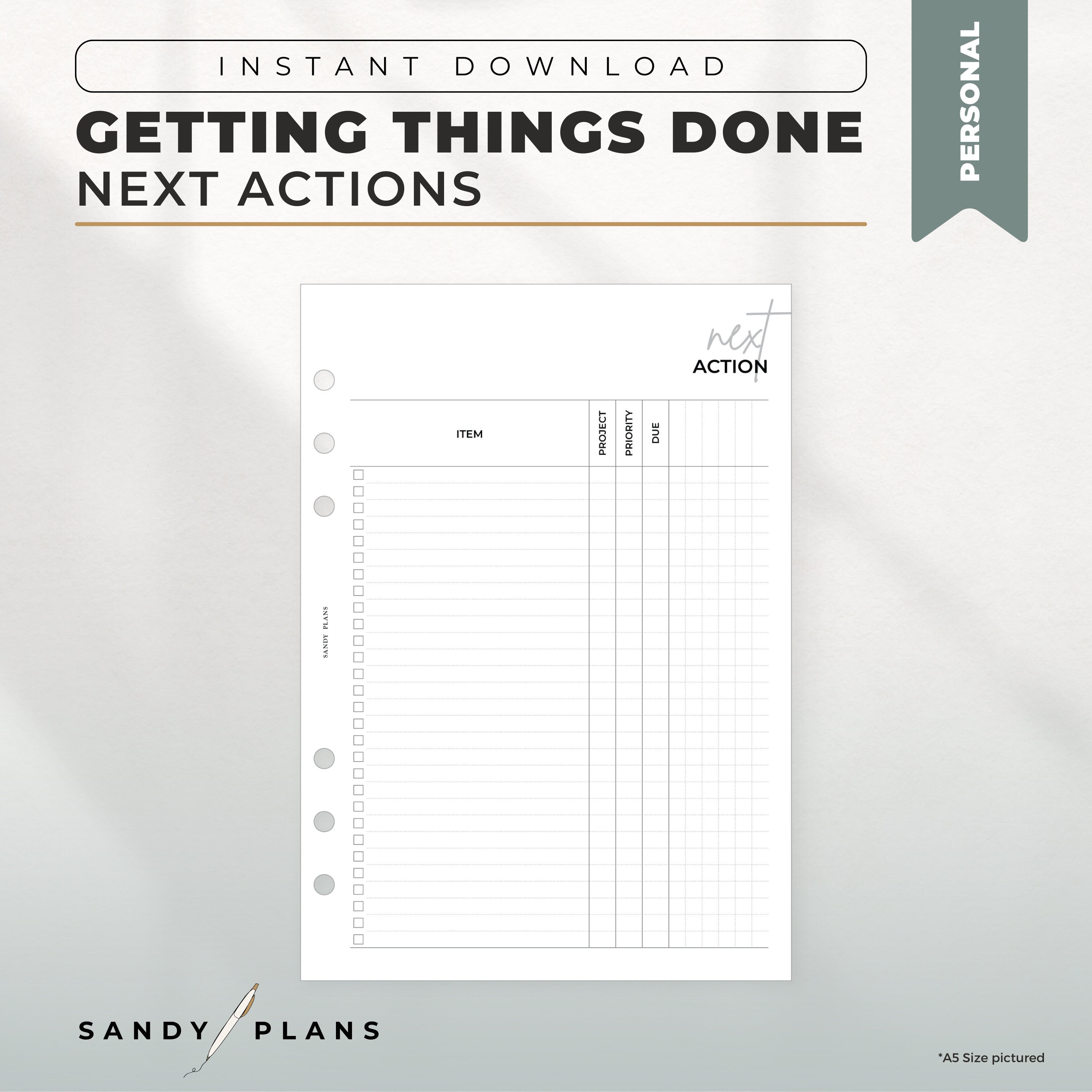 GTD Next Actions | PERSONAL | PRINTABLE Planner Insert | Productivity ...