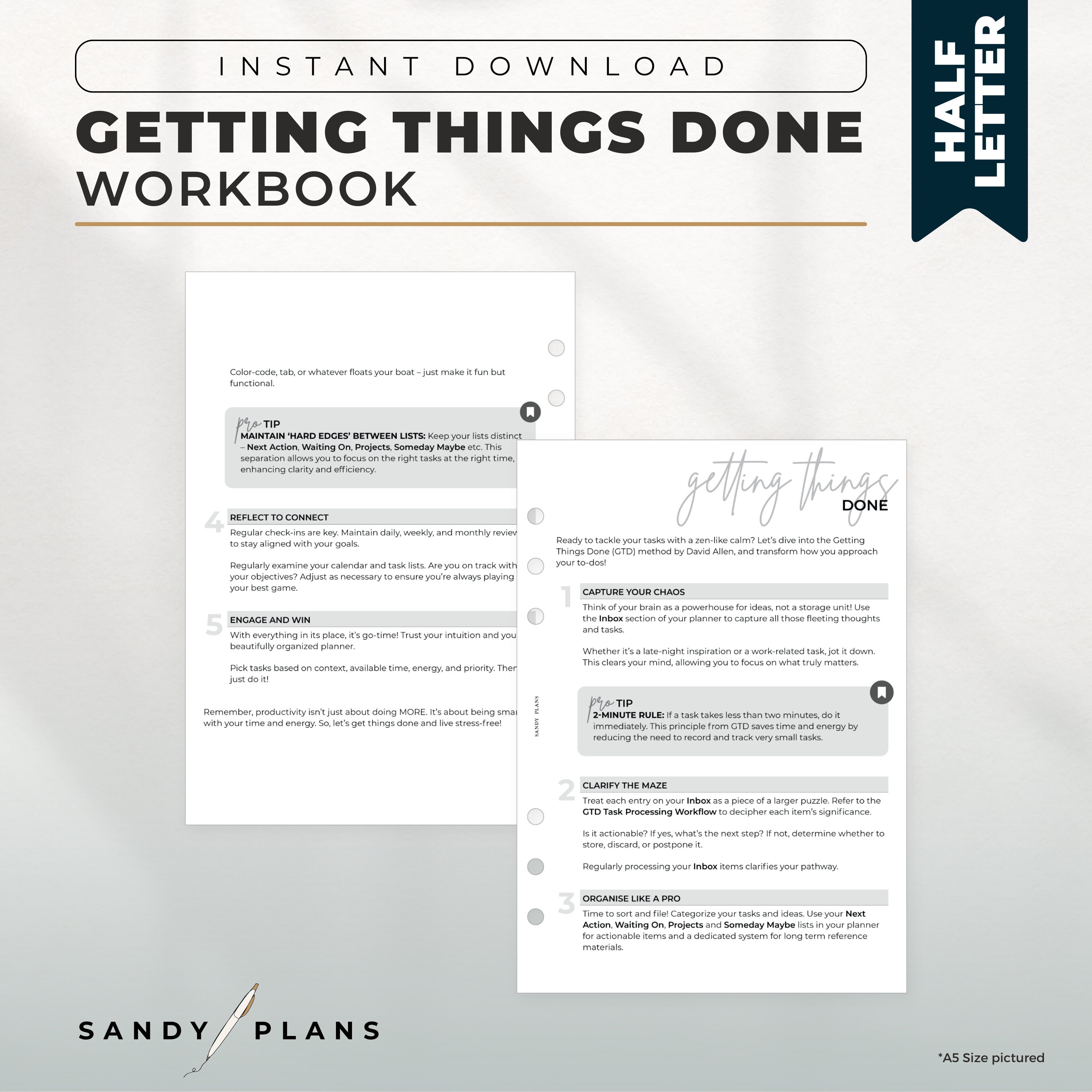 Getting Things Done Workbook HALF LETTER PRINTABLE Planner Insert ...