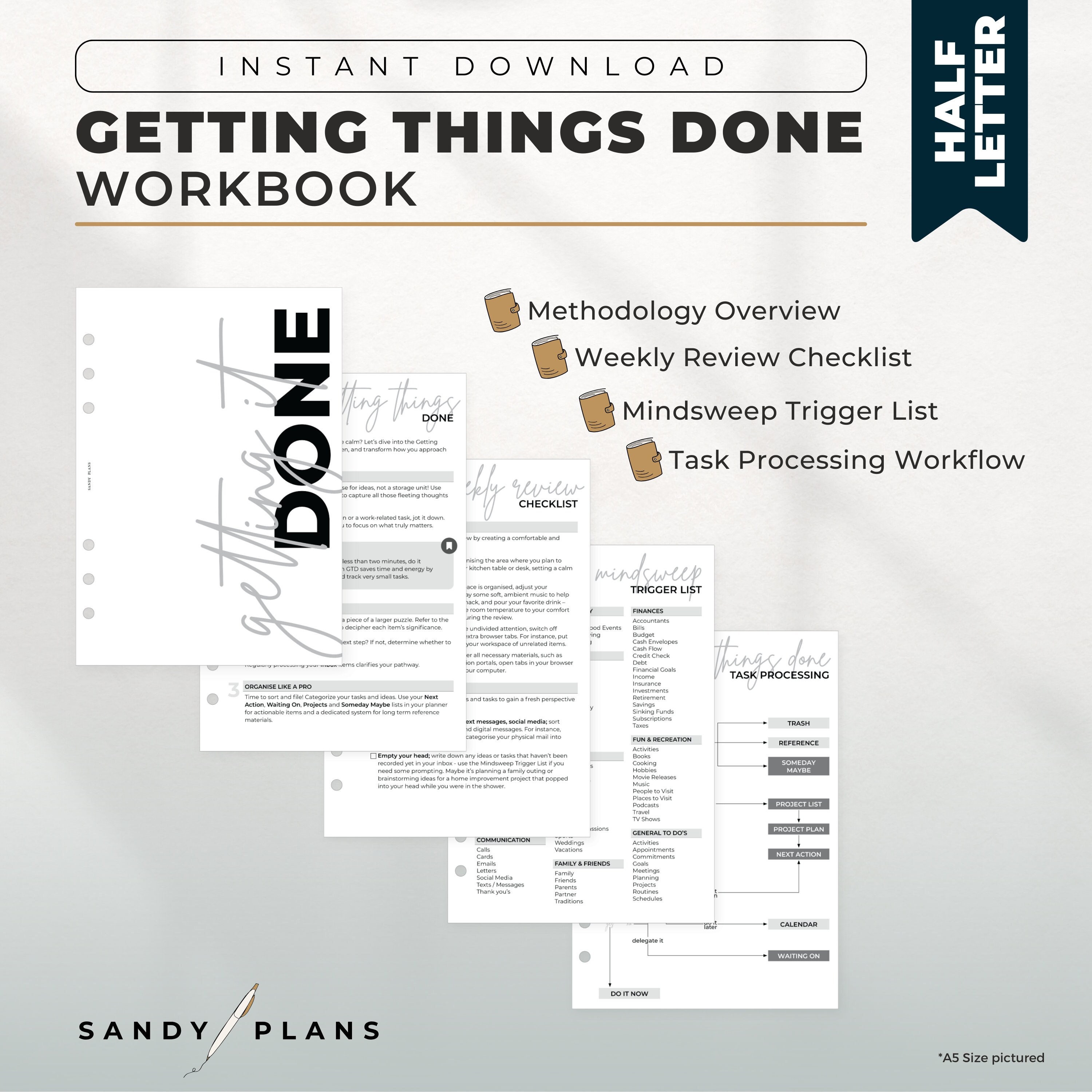 Getting Things Done Workbook HALF LETTER PRINTABLE Planner Insert ...