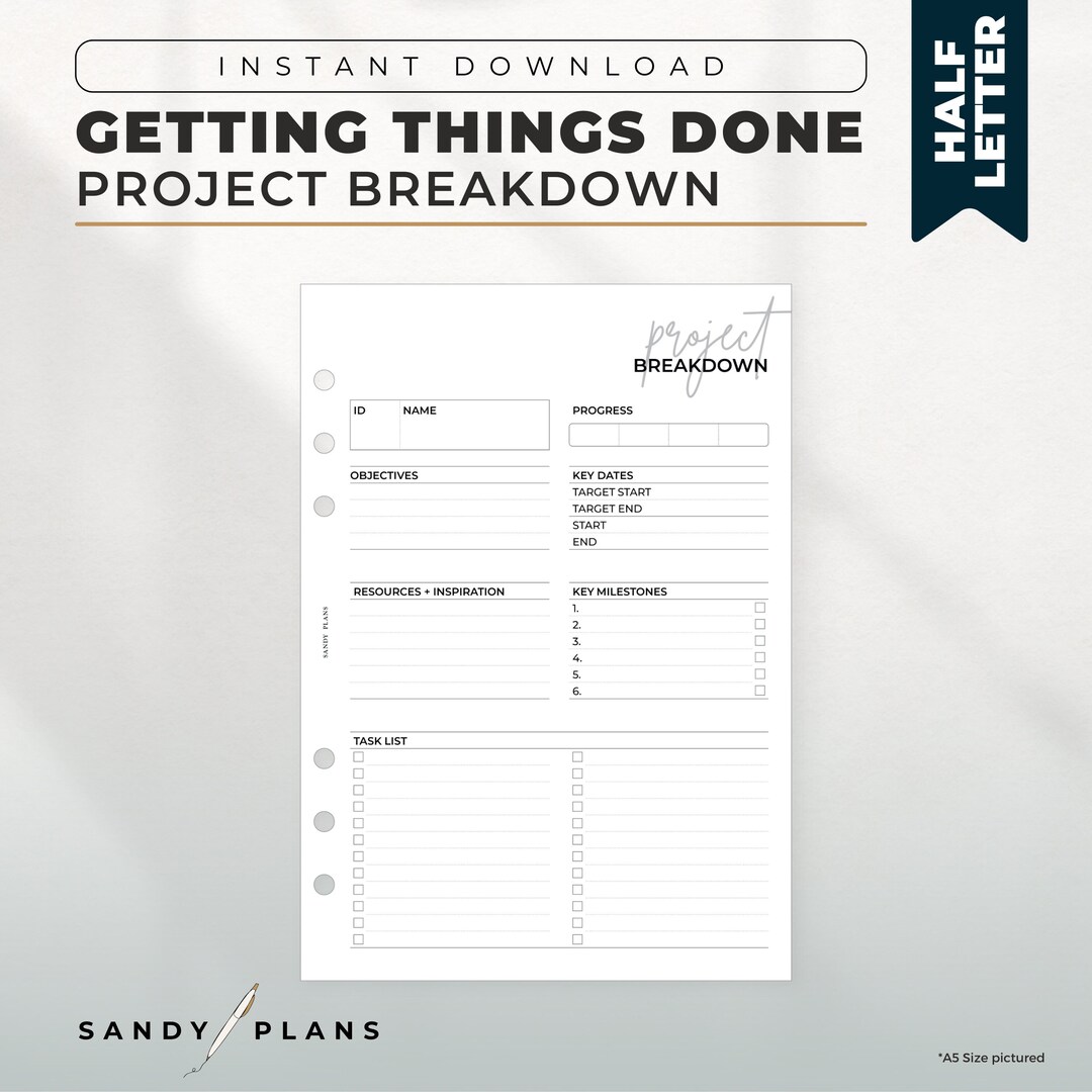 GTD Project Breakdown | HALF LETTER | Printable Planner Insert ...
