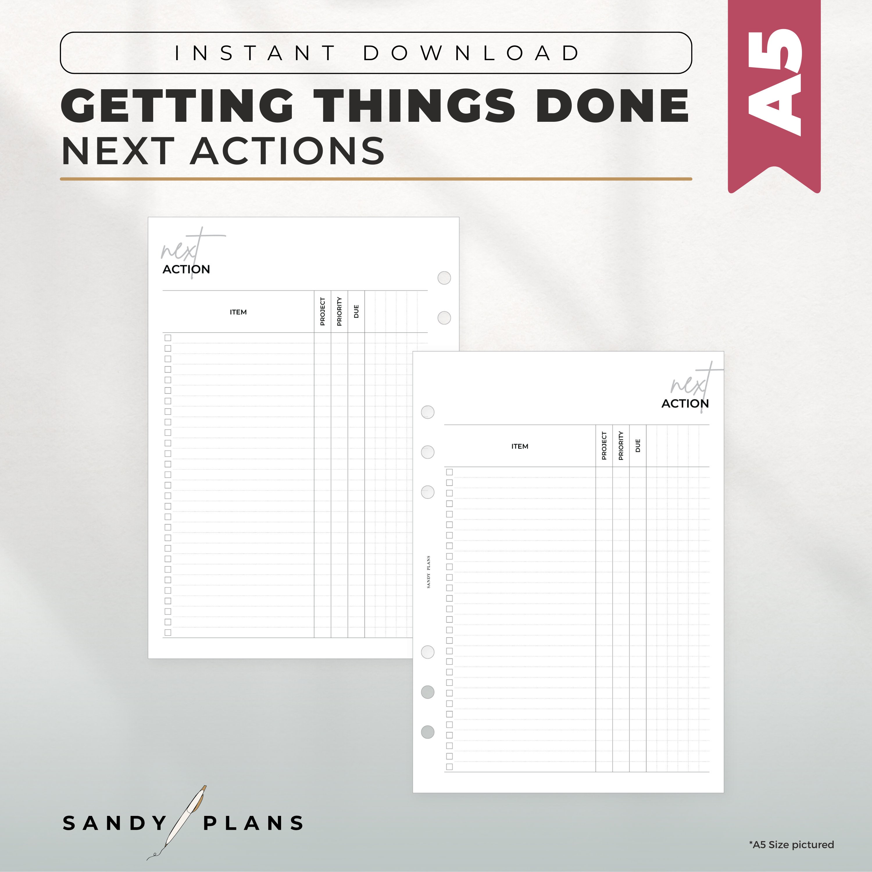 GTD Next Actions | A5 | PRINTABLE Planner Insert | Productivity ...