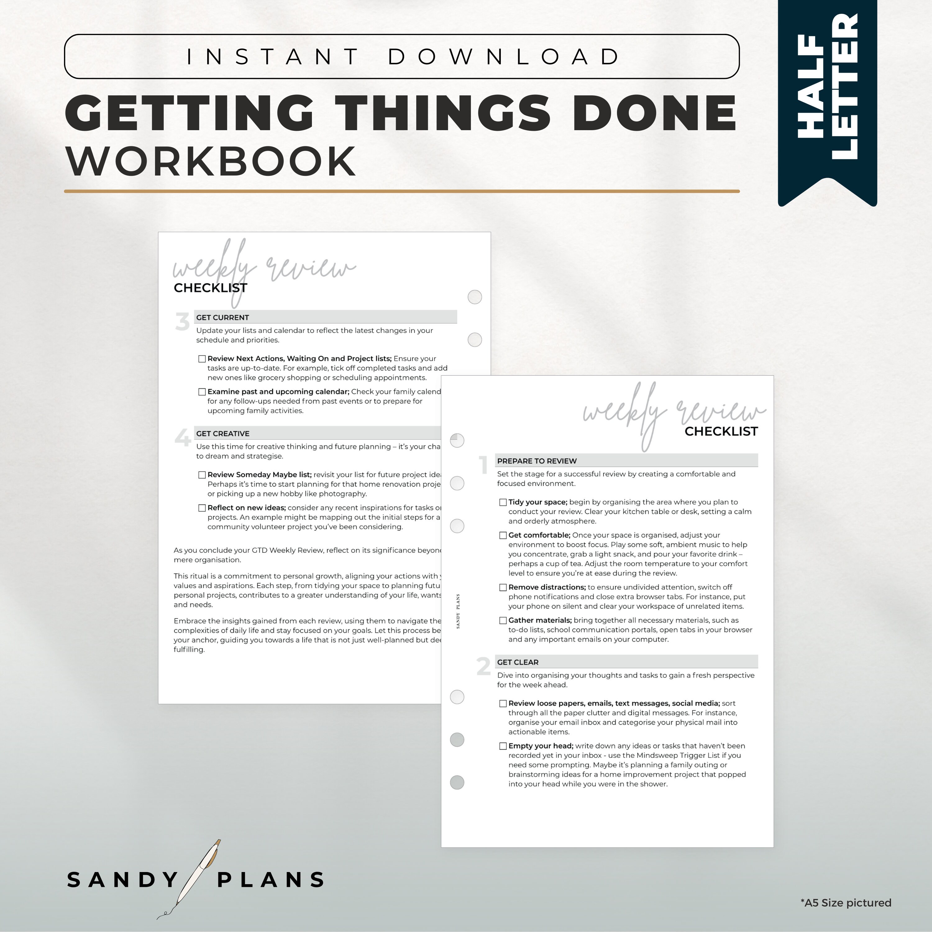 Getting Things Done Workbook HALF LETTER PRINTABLE Planner Insert ...