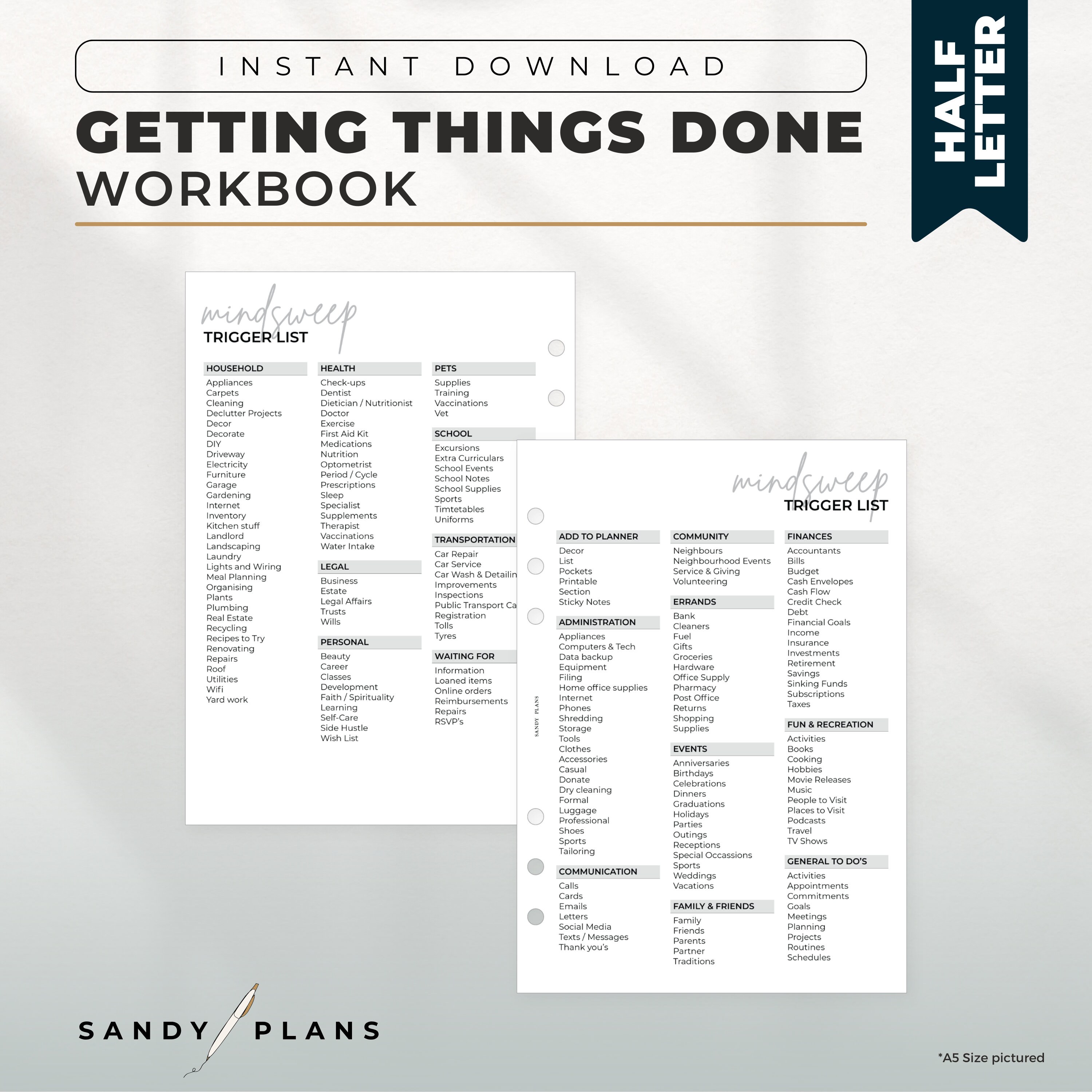 Getting Things Done Workbook HALF LETTER PRINTABLE Planner Insert ...