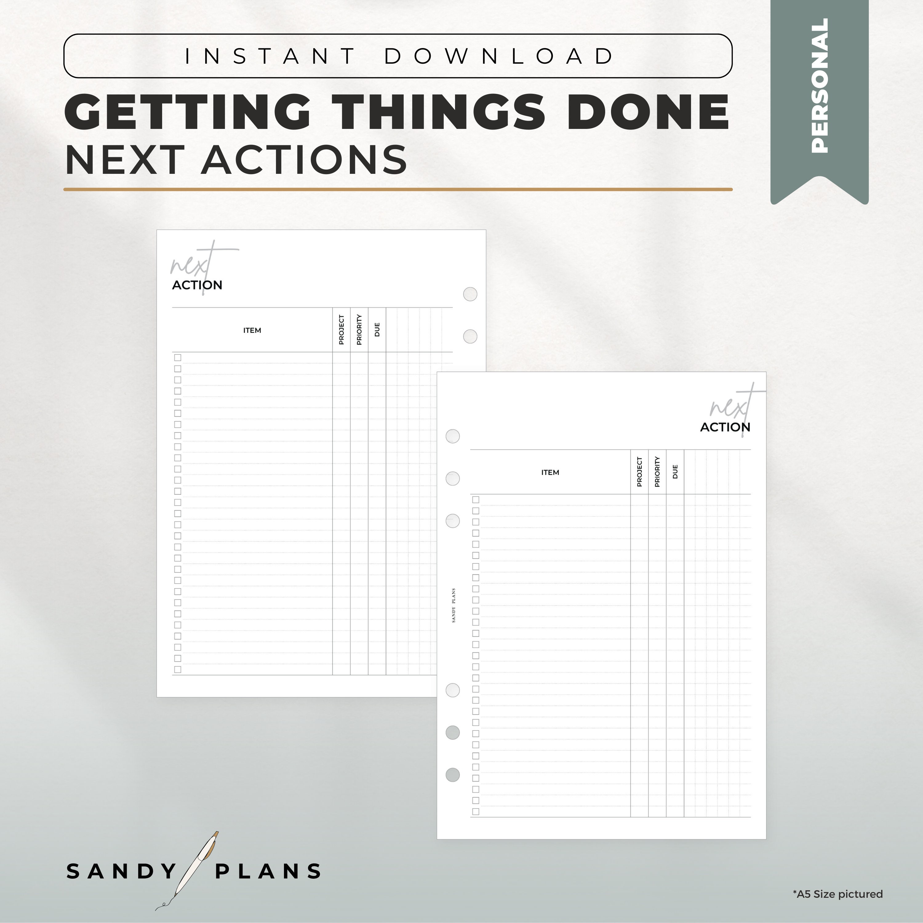 GTD Next Actions | PERSONAL | PRINTABLE Planner Insert | Productivity ...