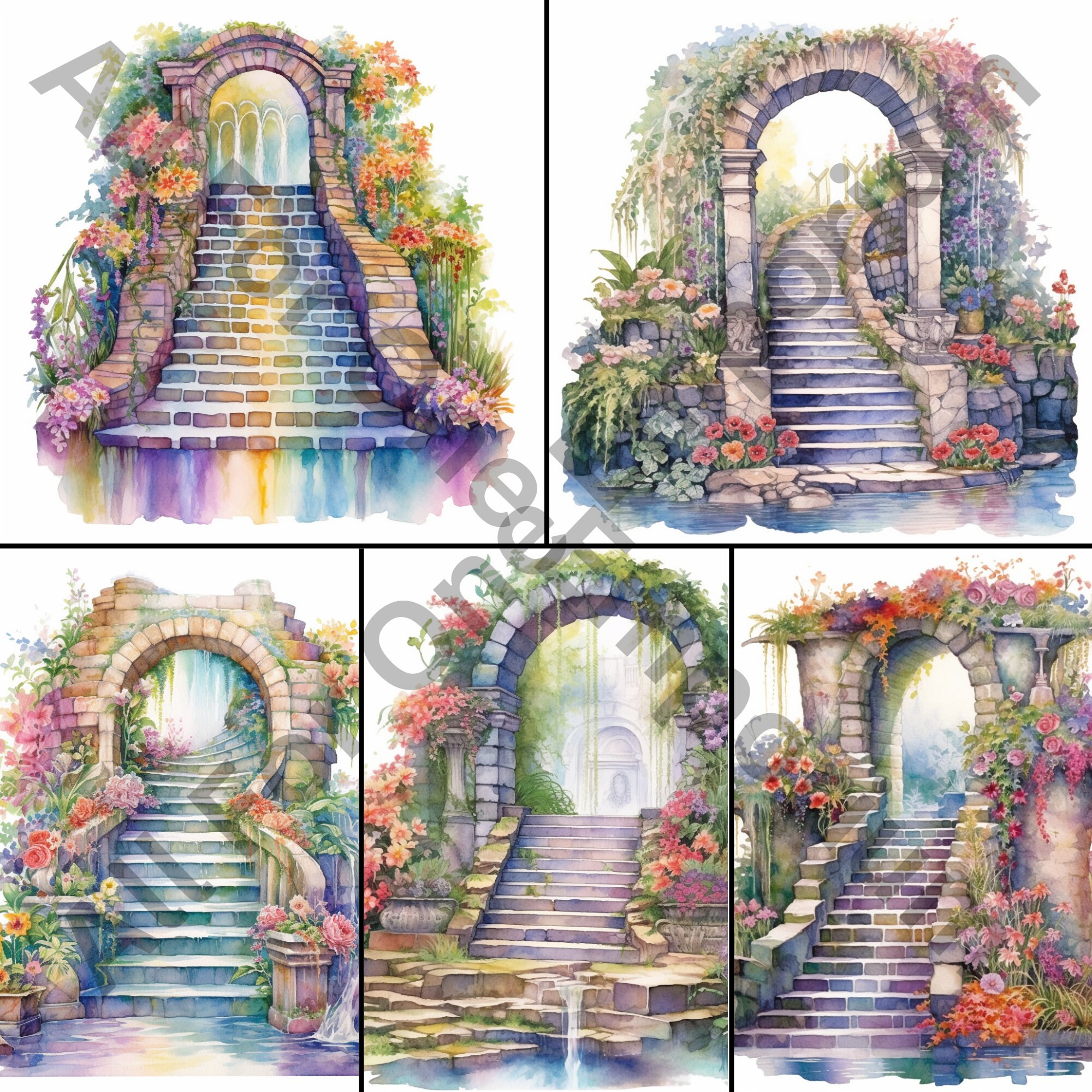 50 Watercolor Stone Stairs PNG Bundle Spring Garden Fairy Steps PNG ...