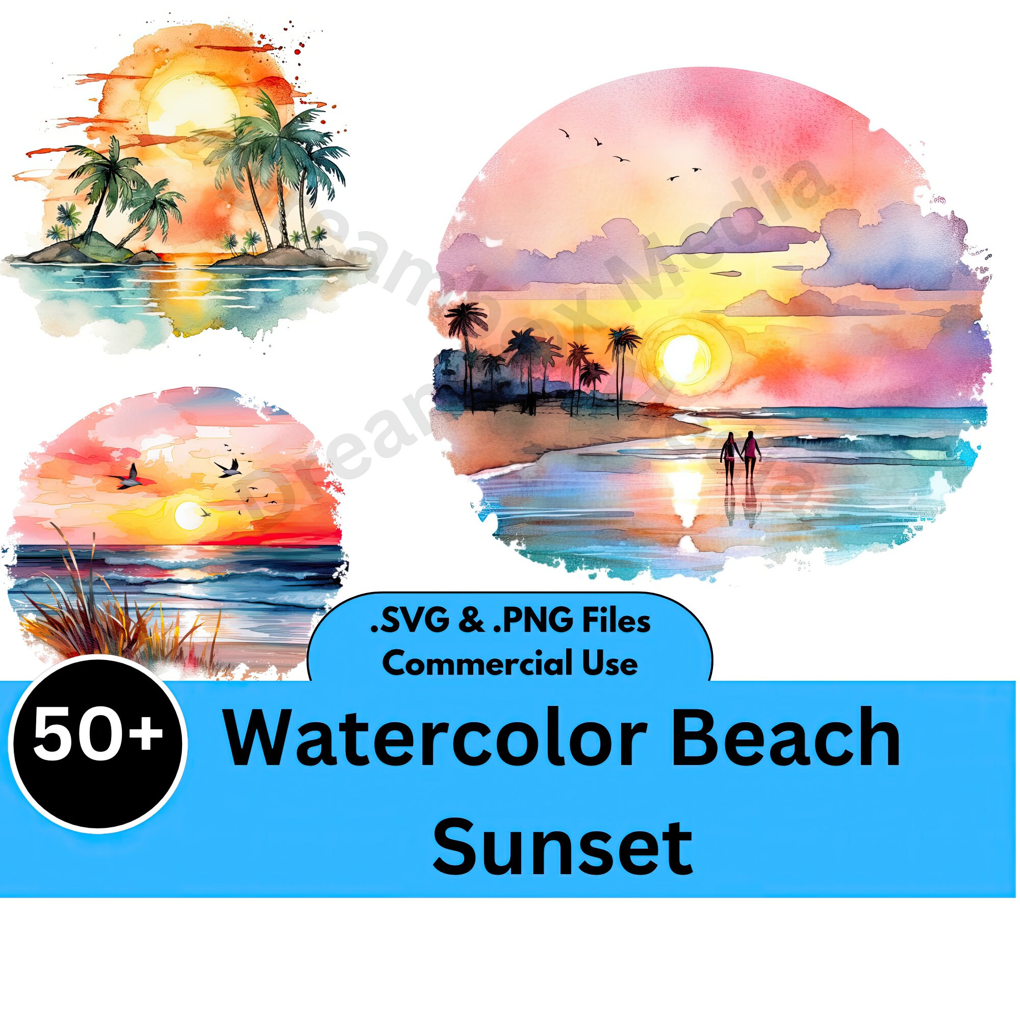 50 Sunset Clipart, Sunset SVG PNG, Commercial Use, Watercolor Beach ...