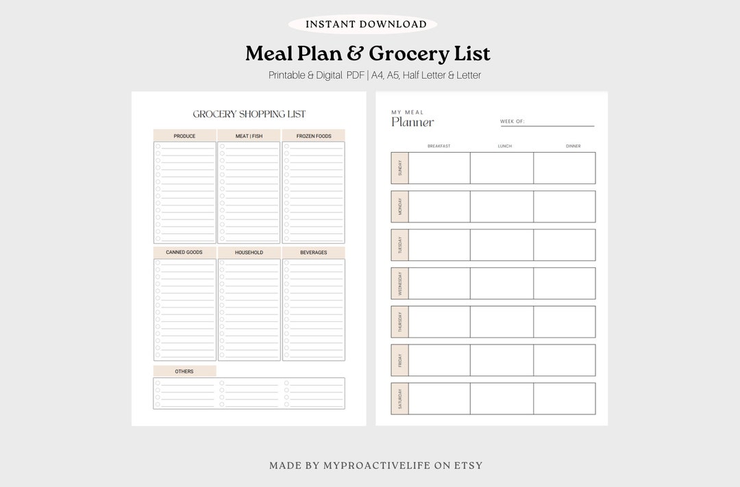 Printable Meal Plan & Grocery List | 4 Sizes | Instant Download - Etsy