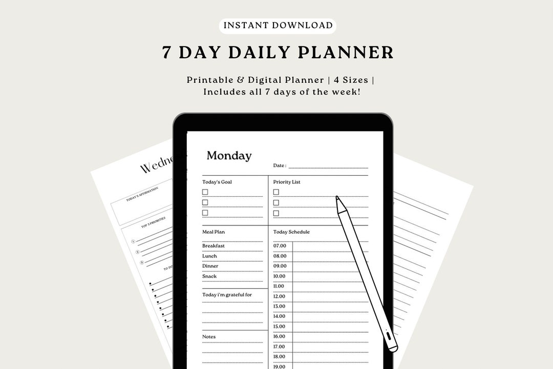 7 Day Daily Planner | 2 Versions | A4, A5, Letter & Half Letter Size ...