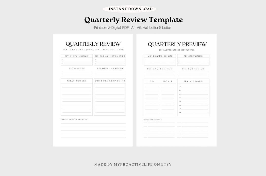 Quarterly Review Template | 4 Sizes | Comes in 2 Versions to Suit Your ...