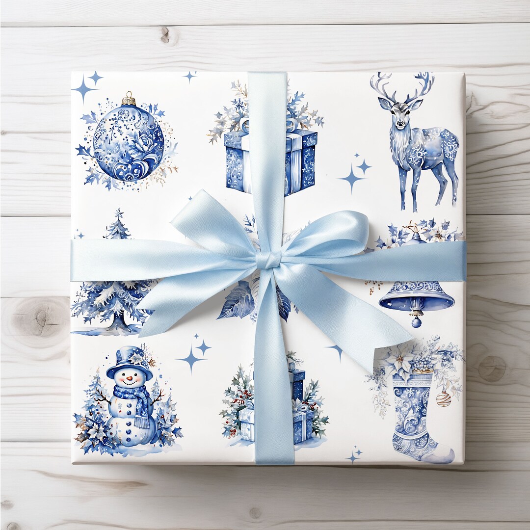 Blue Christmas Toile Wrapping Paper, Elegant Wrapping Paper Roll ...