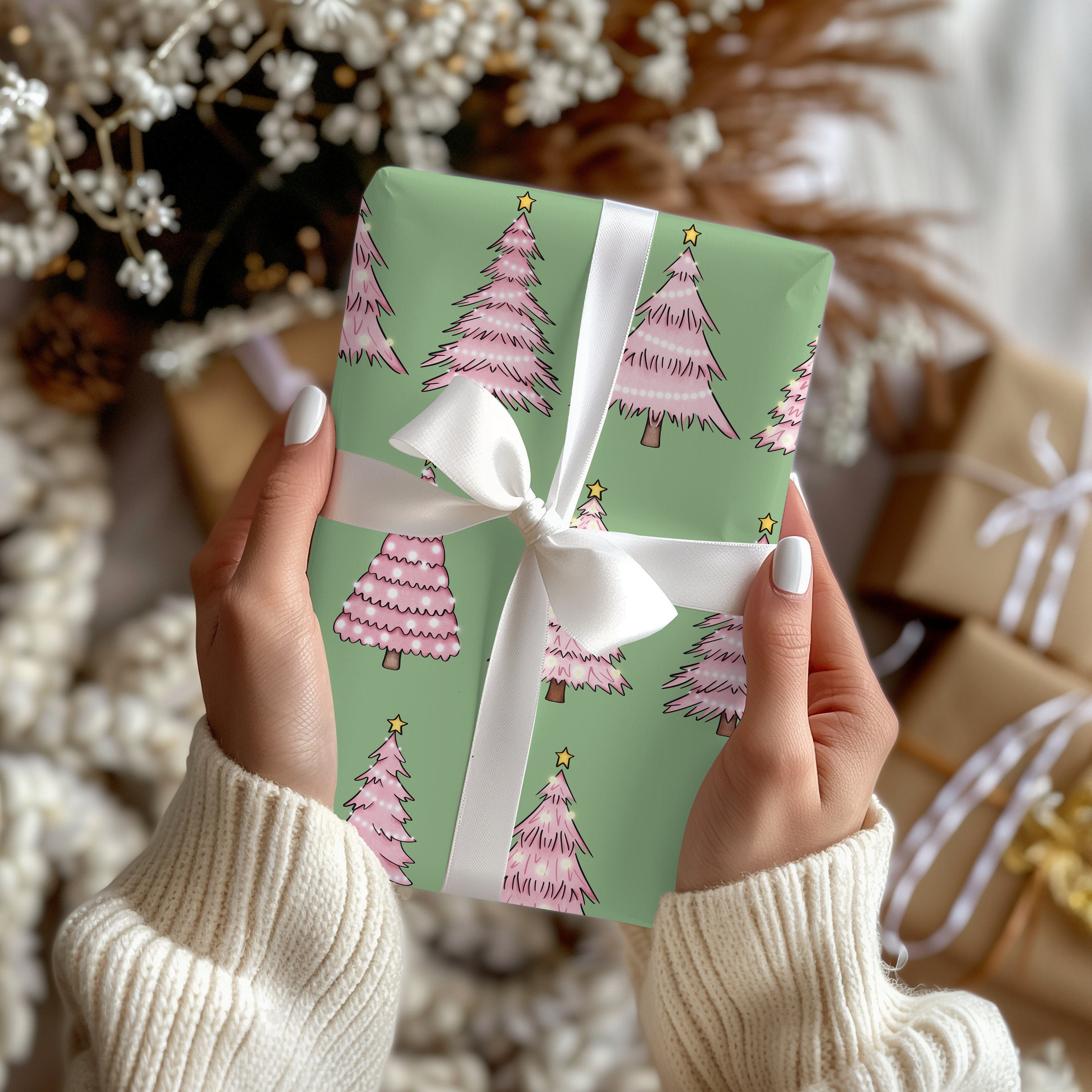 Pink Christmas Trees Wrapping Paper, Pinkmas Gift Wrap, Cute Christmas ...