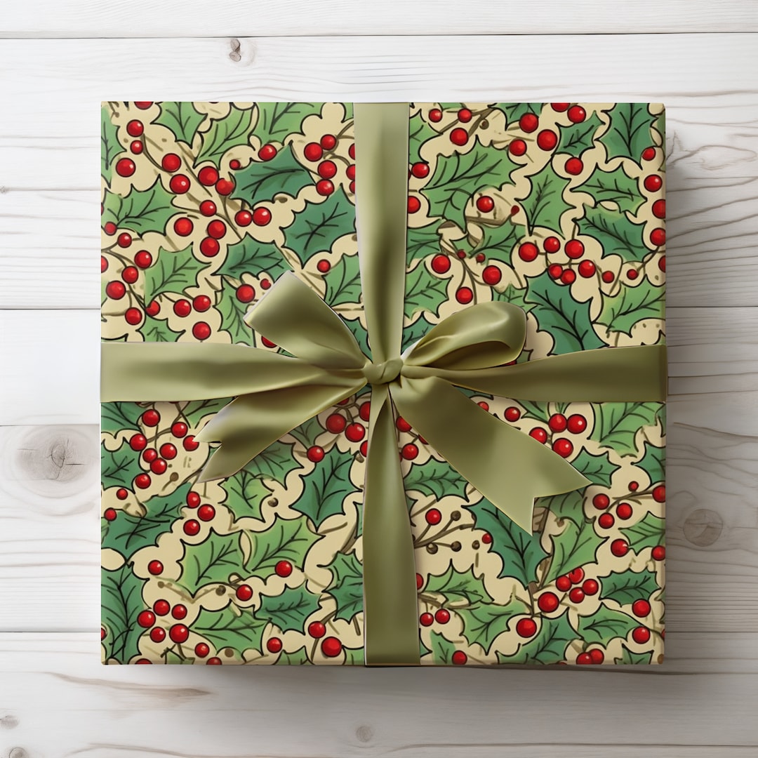 Mistletoe Vintage Christmas Wrapping Paper, Christmas Gift Wrap Holiday ...