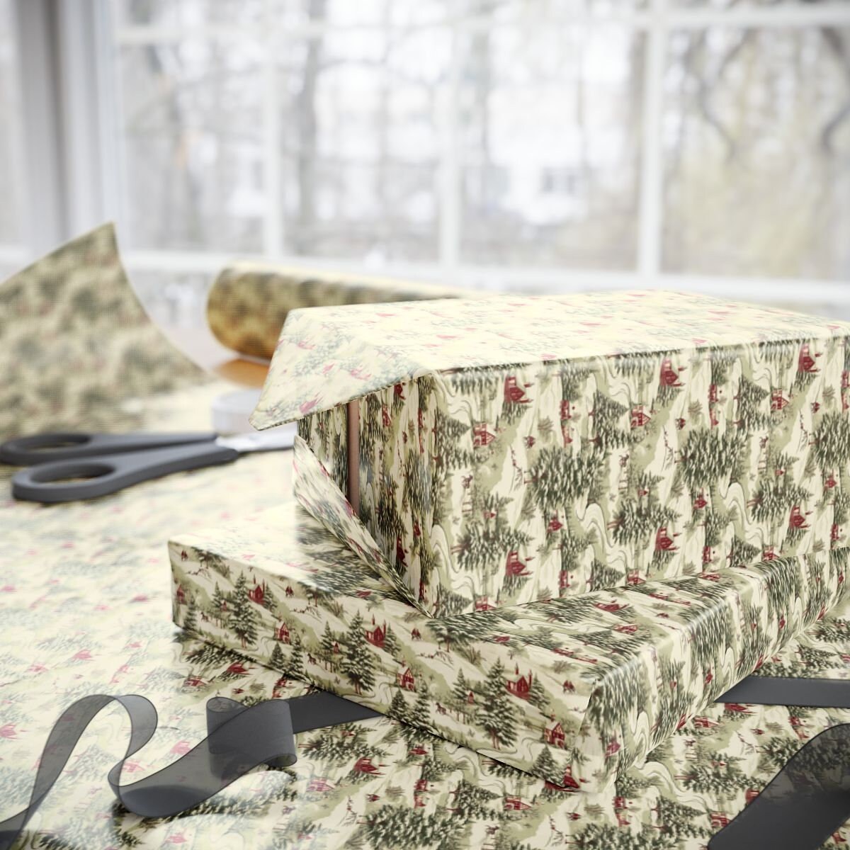 Vintage Christmas Toile Gift Wrapping Paper, Green Gift Wrap Roll ...
