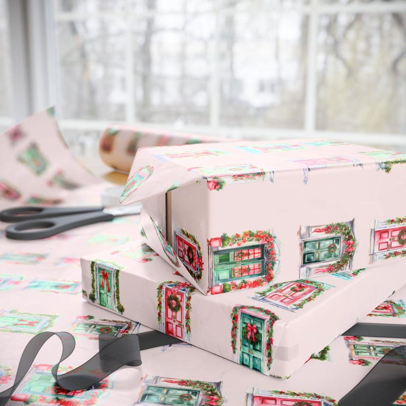 Pink Christmas Wrapping Paper, Christmas Doors Gift Wrap for Her ...