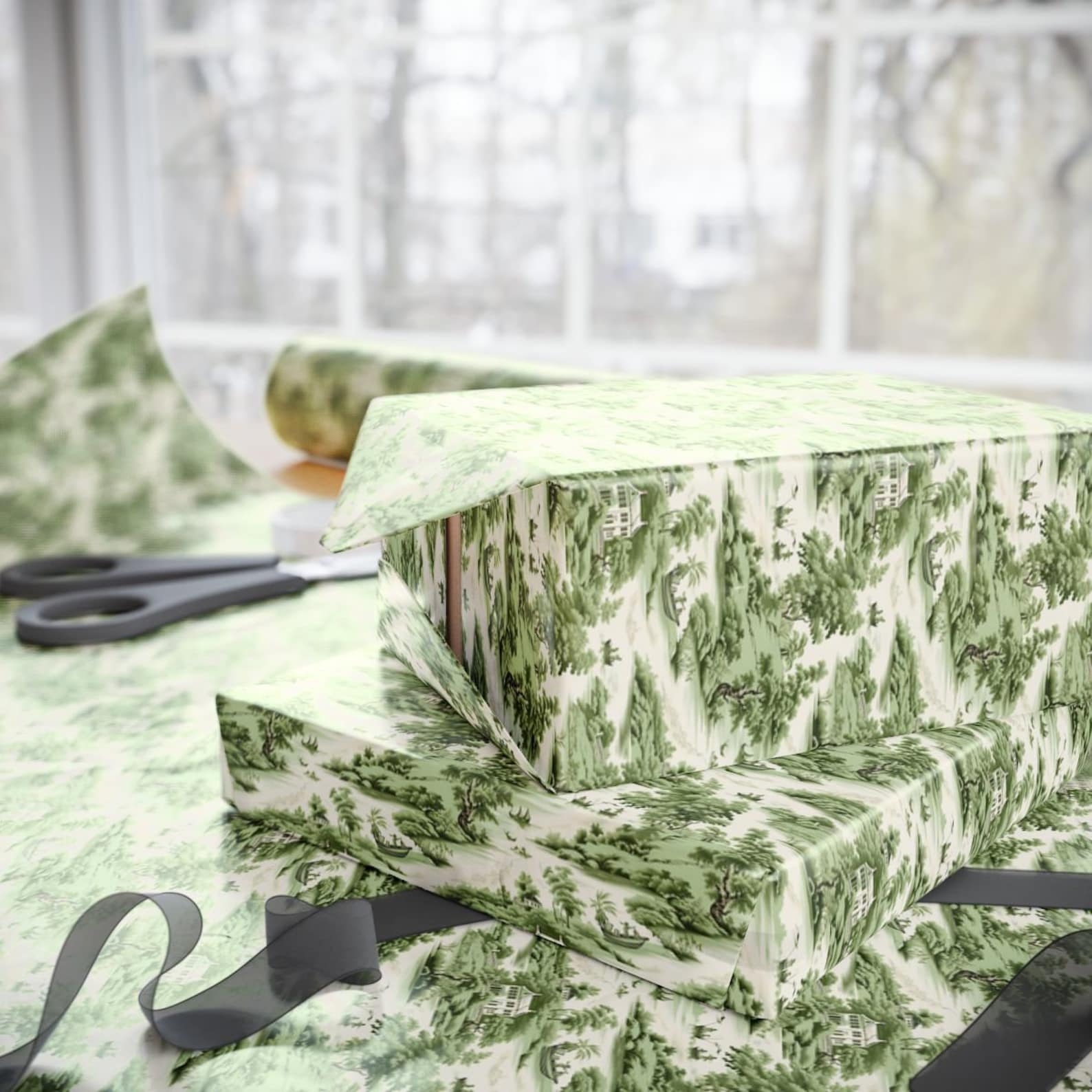 Green Toile Wrapping Paper, Chinoiserie Gift Wrap Roll, Birthday ...