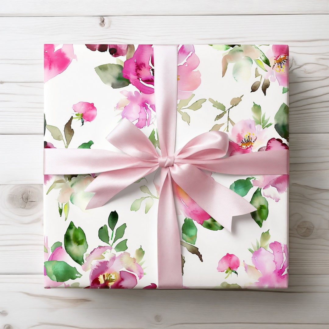 Pink Floral Wrapping Paper, Flowers Gift Wrap Roll, Floral Birthday ...