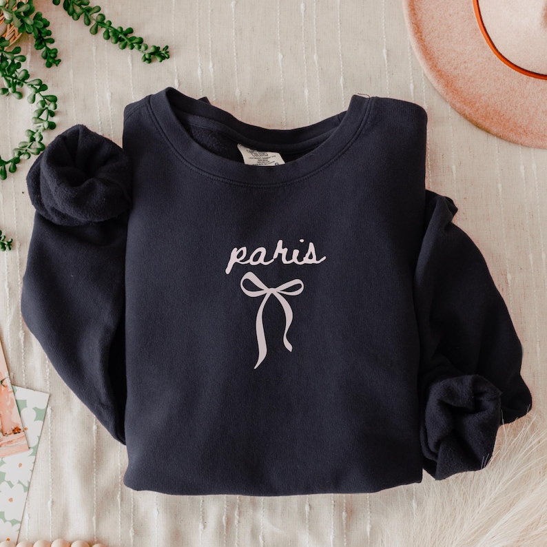 Paris Sweatshirt, Cute Comfort Colors® Feminine Paris Bow Crewneck ...