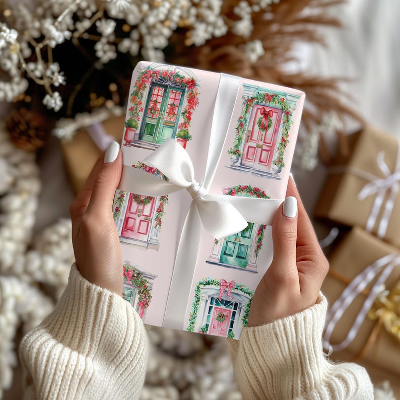 Pink Christmas Wrapping Paper, Christmas Doors Gift Wrap for Her ...