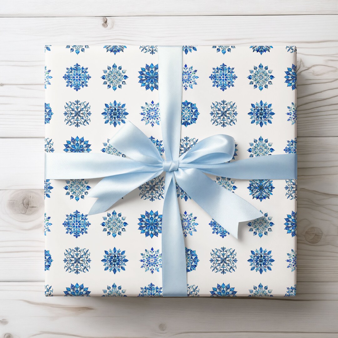 Blue Winter Gift Wrap, Stained Glass Snowflakes Wrapping Paper ...