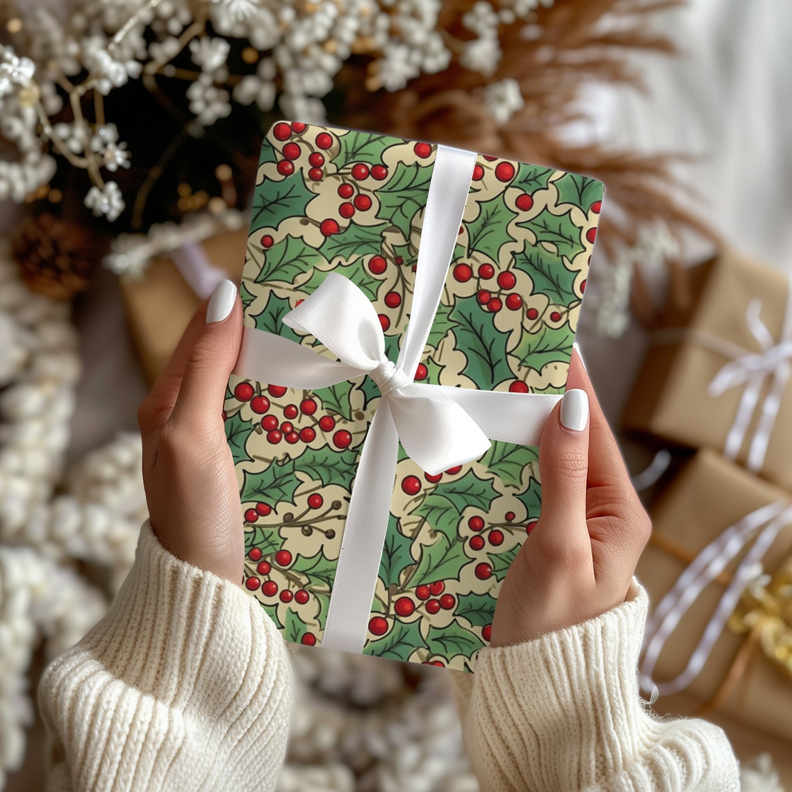 Mistletoe Vintage Christmas Wrapping Paper, Christmas Gift Wrap Holiday ...