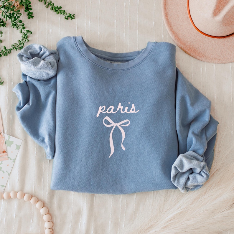 Paris Sweatshirt, Cute Comfort Colors® Feminine Paris Bow Crewneck ...