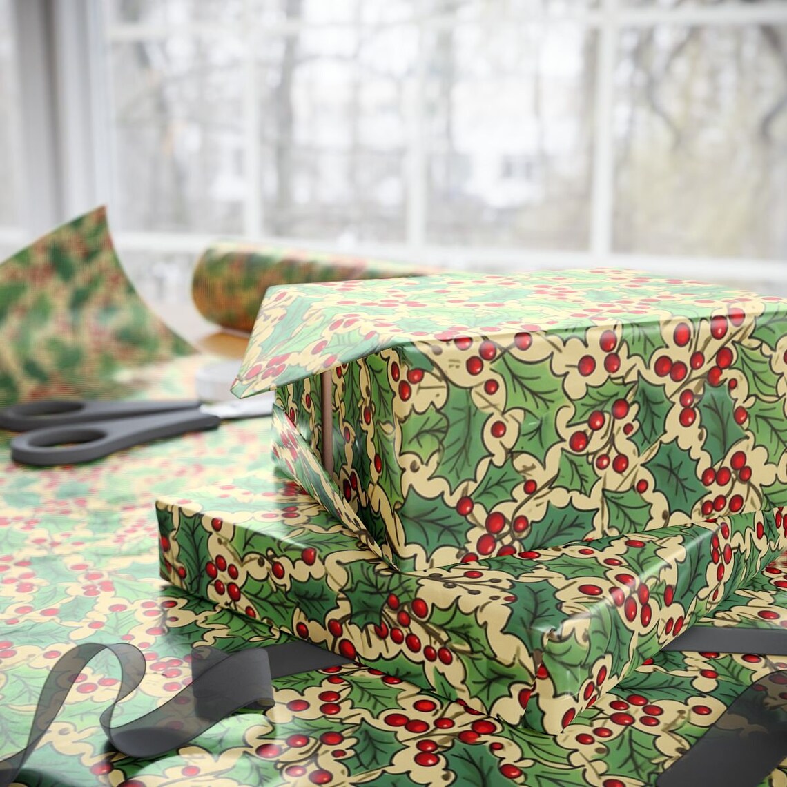 Mistletoe Vintage Christmas Wrapping Paper, Christmas Gift Wrap Holiday ...