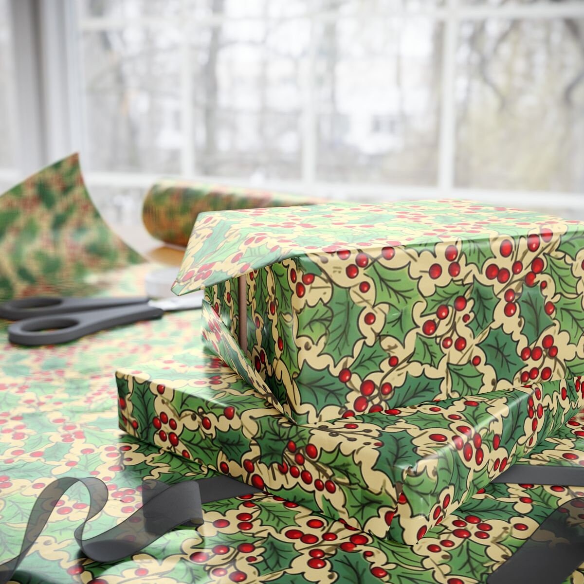 Mistletoe Vintage Christmas Wrapping Paper, Christmas Gift Wrap Holiday ...